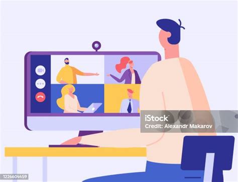 온라인 화상 회의를 통해 의사 소통하는 남자 온라인 모임 집에서 일의 개념 친구와 채팅 그룹 화상 채팅 Ui 배너 모바일 앱에 대한 평면 디자인벡터 일러스트레이션 Brand