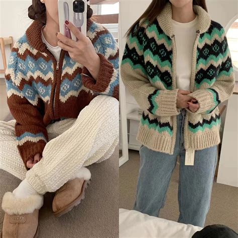 둥근 카라 펌킨 지그재그 노르딕 패턴 니트 집업 가디건 자켓 3color