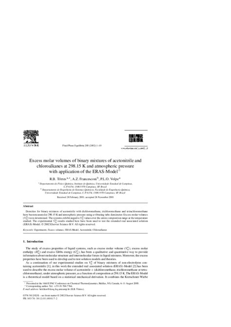 Pdf Excess Molar Volumes Of Binary Mixtures Of Acetonitrile And