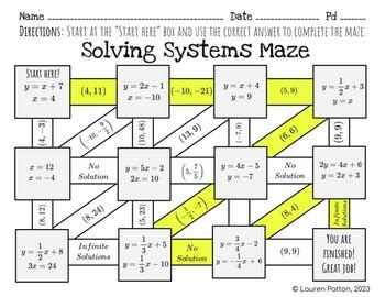 Solving Systems Of Linear Equations Maze By Math Esteem TPT