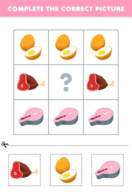 귀여운 만화 쇠고기 계란 또는 연어 인쇄 가능한 음식 워크시트의 올바른 그림을 선택하고 완료하는 어린이를 위한 교육 게임