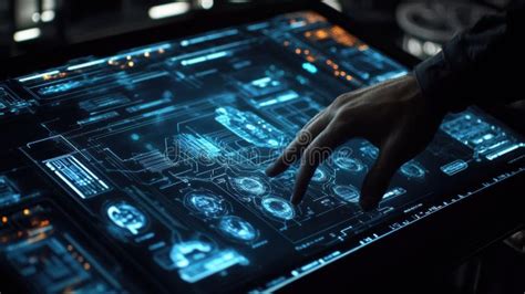 Engineer Controlling Futuristic Innovative Production With Digital Touchscreen Interface Stock
