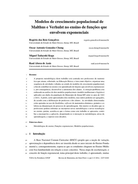 Modelos De Crescimento Populacional De Malthus E Verhulst No Ensino De