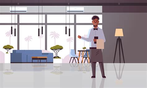 전문 웨이터 들고 메뉴를 따뜻하게 환대 현대 카페 인테리어 평평한 전체 길이 수평을 보여주는 앞치마에 아늑한 레스토랑 남자 노동자 환영 가공의 인물에 대한 스톡 벡터 아트