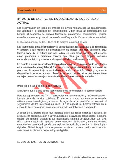 Impacto De Las Tics 1iv Pdf Tecnología De Información Y