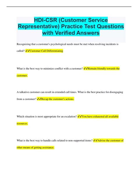 Hdi Csr Customer Service Representative Practice Test Questions With