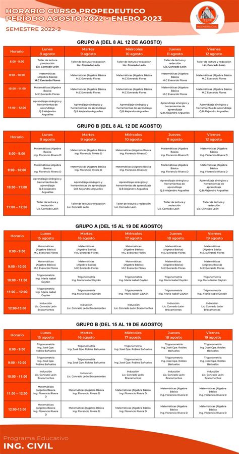 Horario Del Curso Propedéutico Correspondiente Al Período Agosto 2022