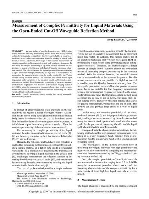 Pdf Measurement Of Complex Permittivity For Liquid Materials Using