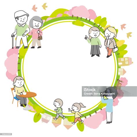 벚꽃과 다양한 연령대의 사람들이 있는 봄 거리 풍경의 원형 프레임 가족에 대한 스톡 벡터 아트 및 기타 이미지 가족 걷기