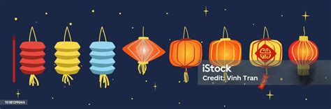 다채로운 운반 등불 클립 아트 세트입니다 밤의 별이 빛나는 하늘에 랜턴 벡터 디자인 일러스트레이션을 매달고 있다 중추절 달 축제 또는 월병 축제 등불 컬렉션 만화 스타일