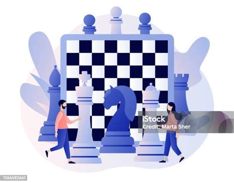 체스 게임 체스 조각 보드 게임 작은 사람들이 놀고 승리합니다 비즈니스 전략 팀워크와 경쟁 현대 플랫 만화 스타일 흰색 배경의 벡터 그림 체스에 대한 스톡 벡터 아트 및