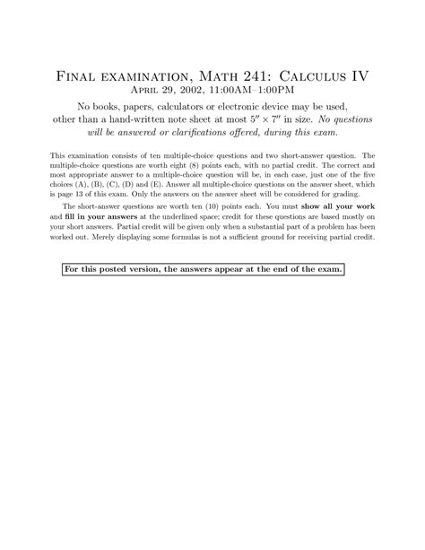 Calculus Iv Final Exam Questions With Solutions Math 241 Exams