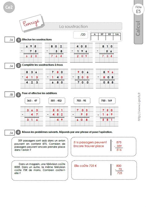 CE EVALUATION corrigées Technique opératoire de la Soustraction