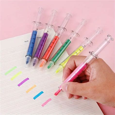 편지지 및 학생 노트를 강조하기 위한 6가지 색상과 경사 팁이 있는 6pcs 독특한 인젝터 주사기 펜 Temu