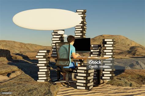 사막 환경의 Pc 사무실 작업장에 문서 바인더와 말풍선이 엄청나게 쌓여 있는 남자 작업량 스트레스 소진 개념 3d 일러스트레이션
