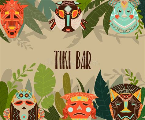 Tiki Bar Design Template With Tribal Masks And Jungle Leaves Design