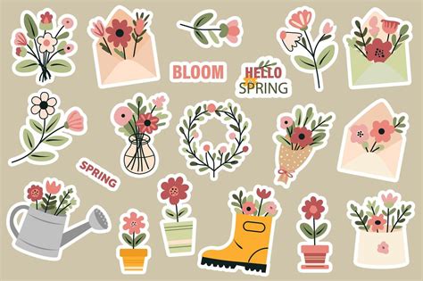 Spring Stickers Set In Flat Design Collection Labels With Romantic Bouquets Flowers In