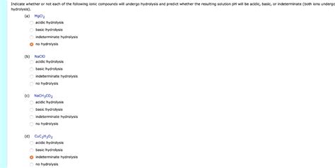 SOLVED Indicate Whether Not Each Of The Following Ionic Compounds Will Undergo Hydrolysis And