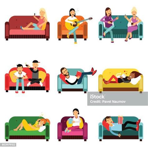 소파 세트에 앉아 다양 한 활동을 하는 사람들 만화 캐릭터 벡터 일러스트 놀기에 대한 스톡 벡터 아트 및 기타 이미지 놀기