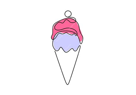 핑크 아이스크림의 단일 연속 라인 흰색 배경에 고립 된 한 라인 스타일의 핑크 아이스크림 패스트 푸드 프리미엄 벡터