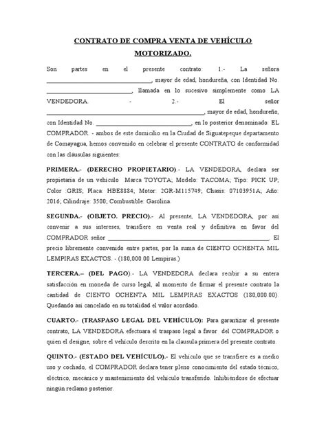 Contrato De Compra Venta De Vehículo Motorizado Pdf Hipoteca