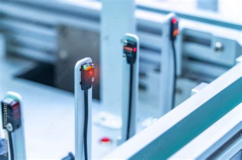 Transducer On Industrial Machine Robot In Assembly Line Working In Factory Smart Factory