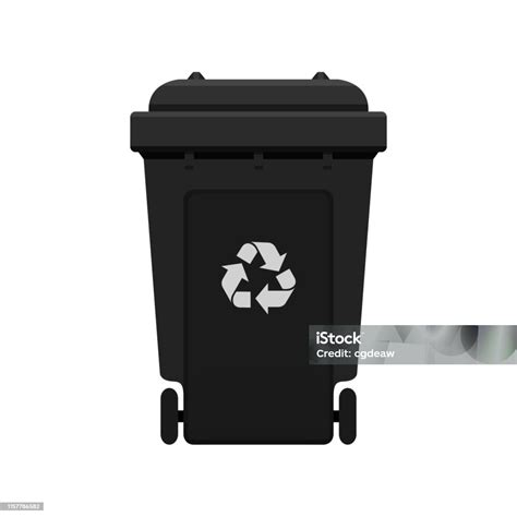 쓰레기통 흰색 배경에 고립 된 폐기물을 위한 재활용 플라스틱 검은 바퀴 달린 쓰레기통 재활용 폐기물 기호가있는 검은 색 쓰레기통