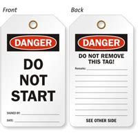 Danger Do Not Start Sided Tag Add Signatory Date Sku Tg