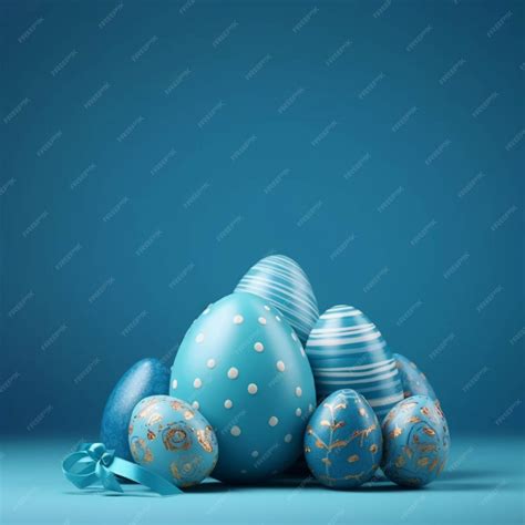 Premium Photo Blue Easter Eggs With Blue Ribbon On Blue Background 3d