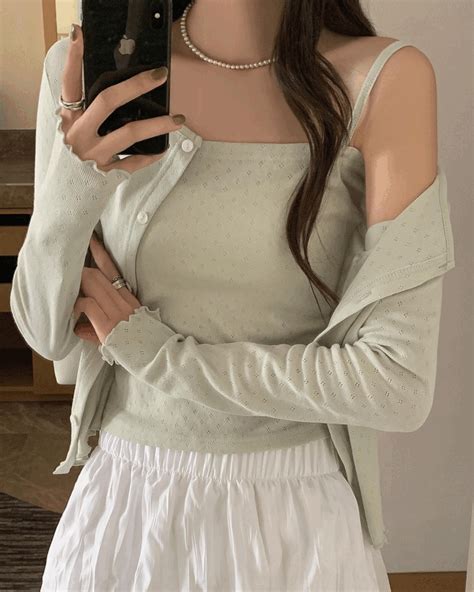 재진행국내제작 나시 가디건 세트 프릴 여신 여리핏 봄 여름 펀칭 데일리 데이트룩 하객옷 에이블리