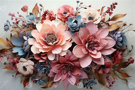 3d Handmade Paper Flowers In Pink Pastel Colours With Copy Space On