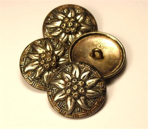 4 Antique Gesch Buttons Raised Silver Sunflower Button Brass Shank Back