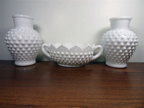 Vintage 2 Hobnail Milk Glass Small Vases And 1 Sugargravy Bowl Set