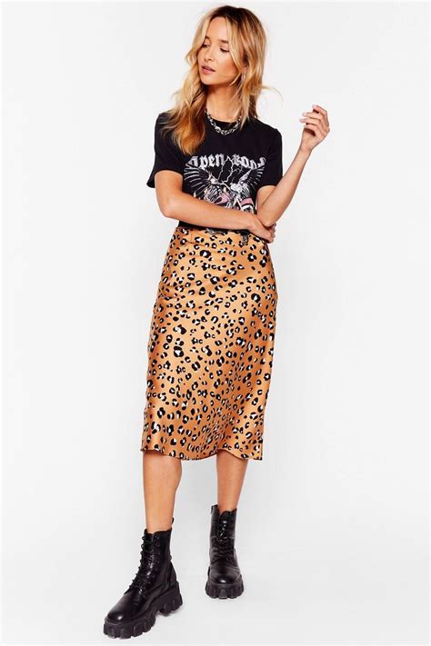 High Wasted Satin Leopard Print Midi Skirt Midi Skirt Satin Midi