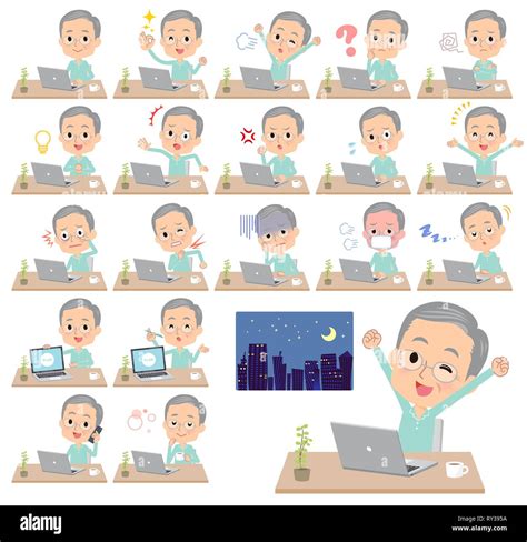 A Set Of Patient Old Man On Desk Work There Are Various Actions Such As Feelings And Fatigue It