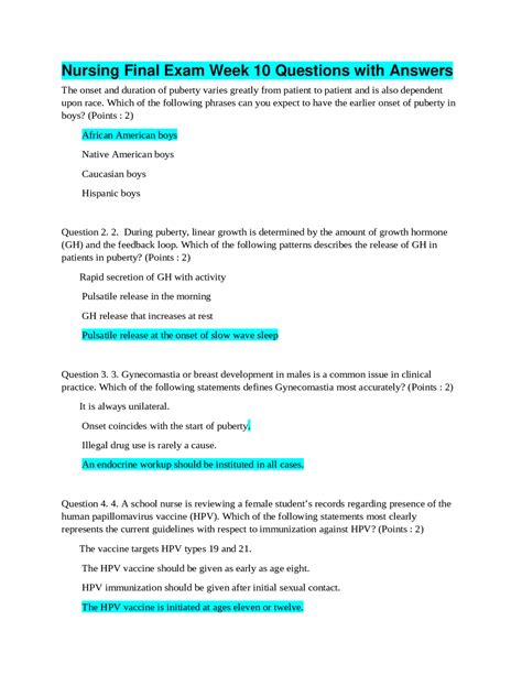 Nursing Final Exam Week 10 Questions With Answers Exams Nursing Docsity