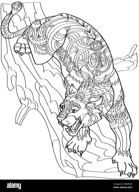 Angry Jaguar On A Tree Trunk Showing Fangs Colorless Line Drawing Stock