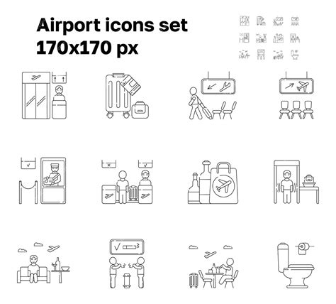 공항 아이콘 세트 벡터 탑승 게이트 수하물 수령이 표시됩니다 도착 출발 구역 세관 보안 통제 작업 리셉션 및 승객 체크인 프리미엄 벡터
