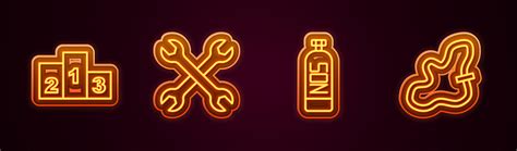 스포츠 우승자 연단 렌치 스패너 아산화질소 및 레이싱 트랙에 대한 세트 라인 상 빛나는 네온 아이콘입니다 벡터 거리에 대한 스톡