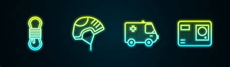 세트 라인 등반가 로프 헬멧 구급차 및 응급 차량 및 액션 익스트림 카메라 빛나는 네온 아이콘입니다 벡터 건강 진단에 대한 스톡 벡터 아트 및 기타 이미지 Istock