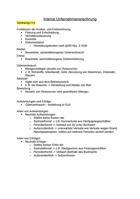 Vorlesung Interne So Se Interne Unternehmensrechnung Vorlesung Funktionen Der Kosten Und