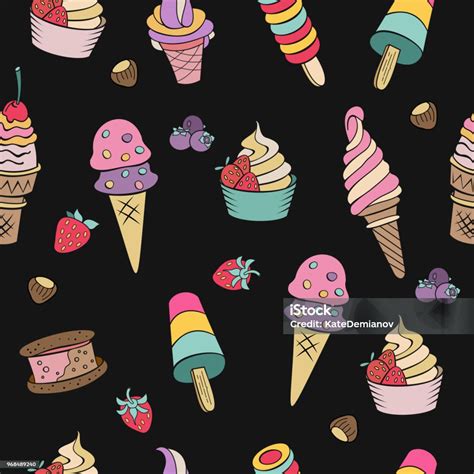 검은 배경에 완벽 한 패턴입니다 과일 견과류와 토 핑 기타 아이스크림 손으로 그린 벡터 일러스트 레이 션 개체 그룹에 대한 스톡 벡터 아트 및 기타 이미지 Istock