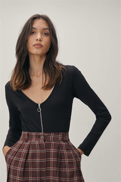 Rib Scoop Neck Zip Front Bodysuit Boohoo Uk