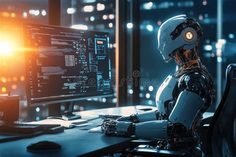 Futuristic Robot Working At A Computer In A Modern Urban Office Setting