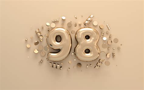 황금 3d 번호 98 축제 색종이와 나선형 리본 98 애니메이션 이벤트 파티를 축하하기위한 포스터 템플릿 3d 렌더 0명에 대한 스톡 사진 및 기타 이미지 Istock