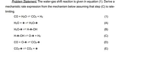 Problem Statement The Water Gas Shift Reaction Is