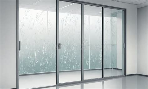 Modern Office Space Features Large Glass Sliding Door With Frosted
