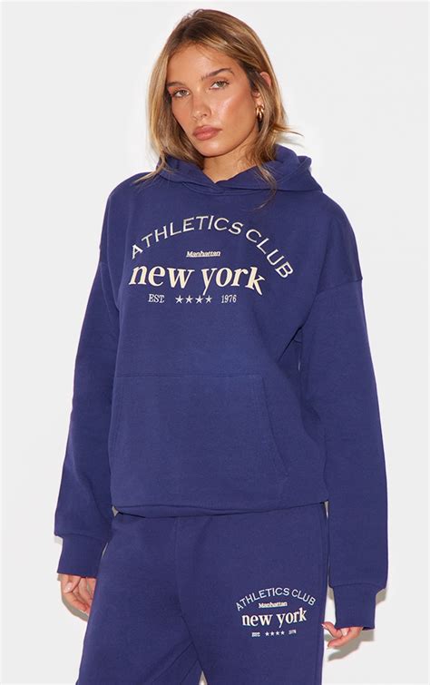 Navy Premium New York Embroidered Hoodie Sweat Prettylittlething Qa