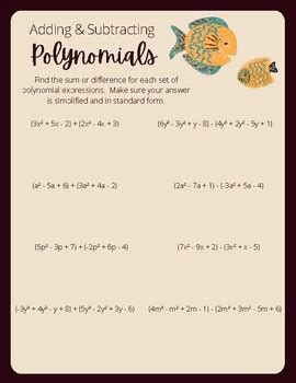 Adding Subtracting Polynomials Worksheet With Answer Key Tpt