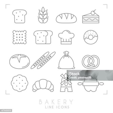 套線麵包店圖示麵包切片 小麥 麵包 蛋糕與櫻桃 餅乾 廚師熱 甜甜圈 麵包 麵粉袋 椒鹽卷餅 羊角麵包 風磨 糕點和擀麵杖向量圖形及更多曲奇餅